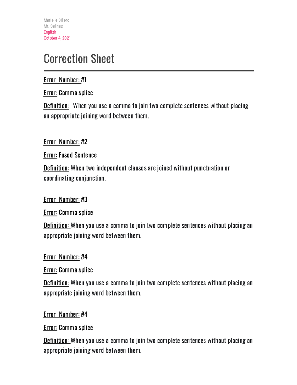 Correction sheet - Marielle Sillero Mr. Salinas English October 4, 2021 ...