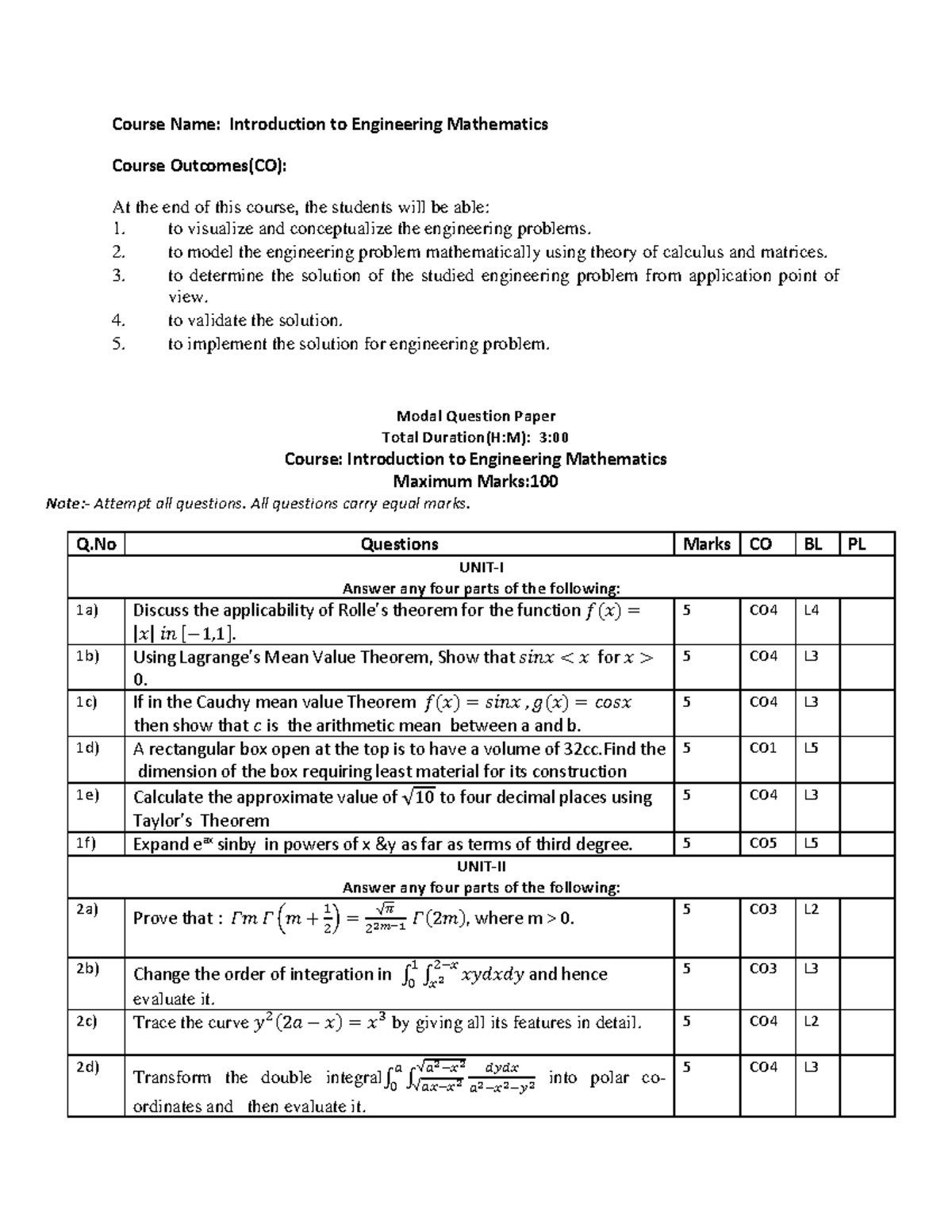 Mathematics Summary Computer Science Engineering Course Name Introduction To Engineering