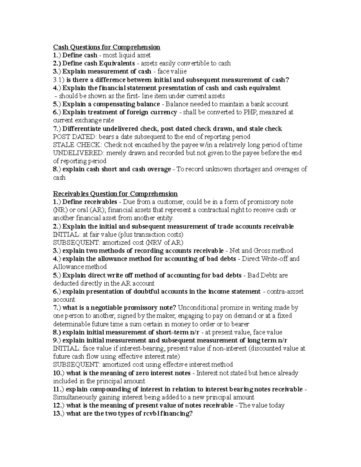 Intacc 1 notes reviewer - Cash Questions for Comprehension 1.) Define ...