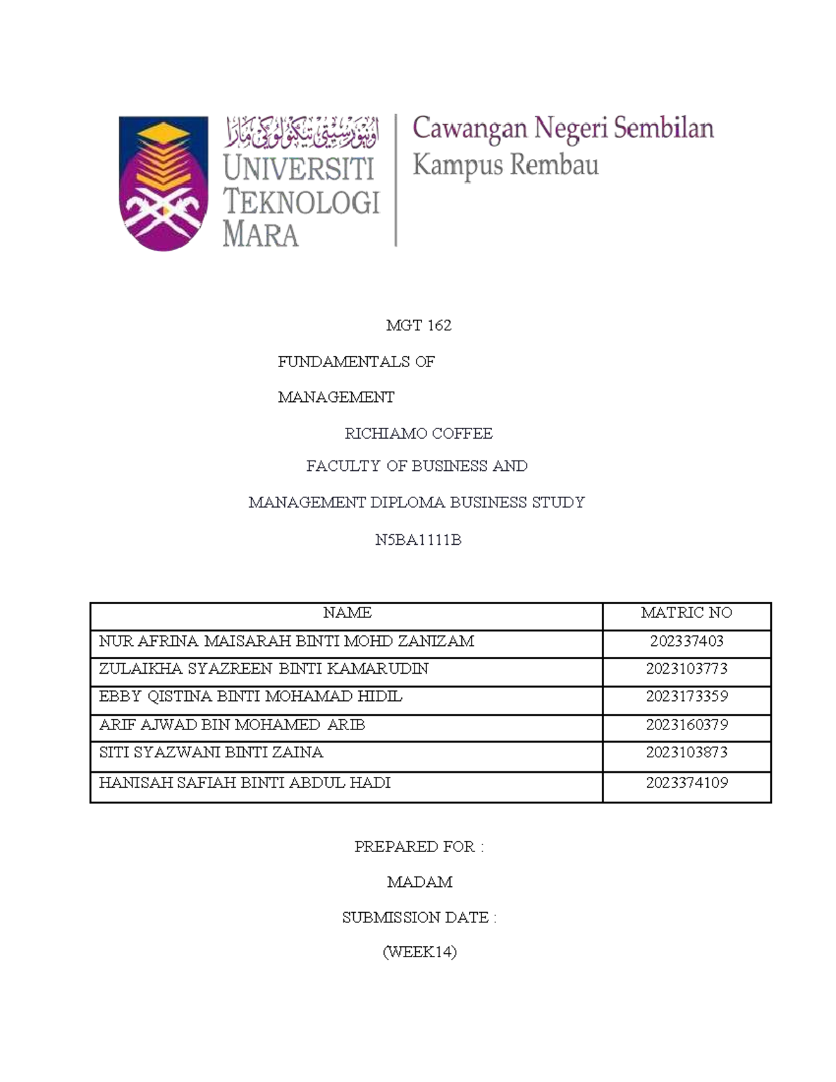 Assignment Group Assigment 1 Mgt 162 Fundamentals Of Management Richiamo Coffee Faculty Of