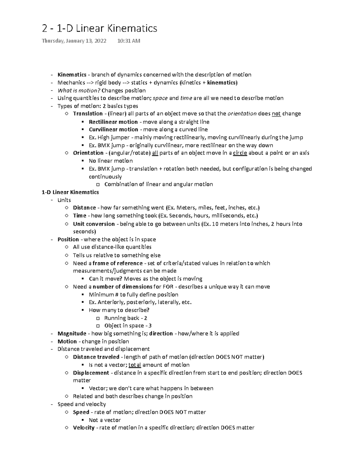 1-D Linear Kinematics - Kinematics- branch of dynamics concerned with ...