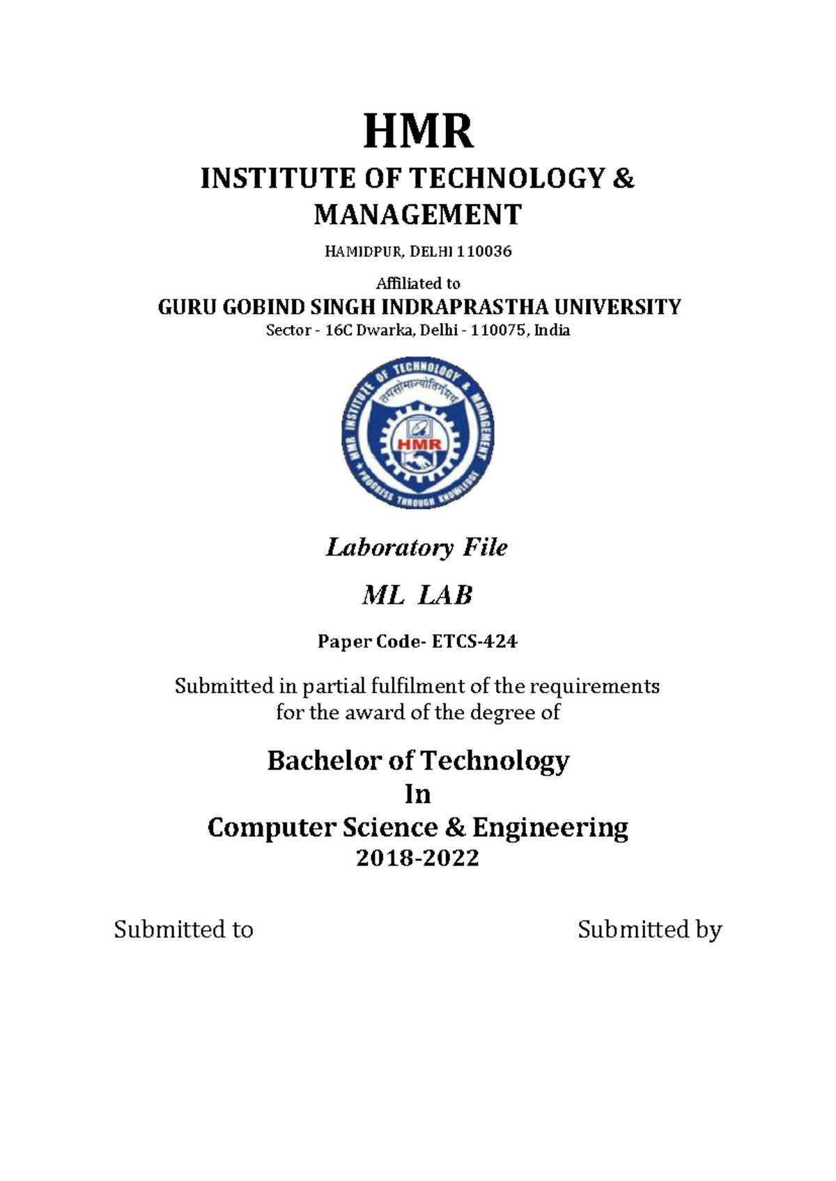 Machine Learning Lab File - HMR INSTITUTE OF TECHNOLOGY & MANAGEMENT HAMIDPUR, DELHI 110036 ...