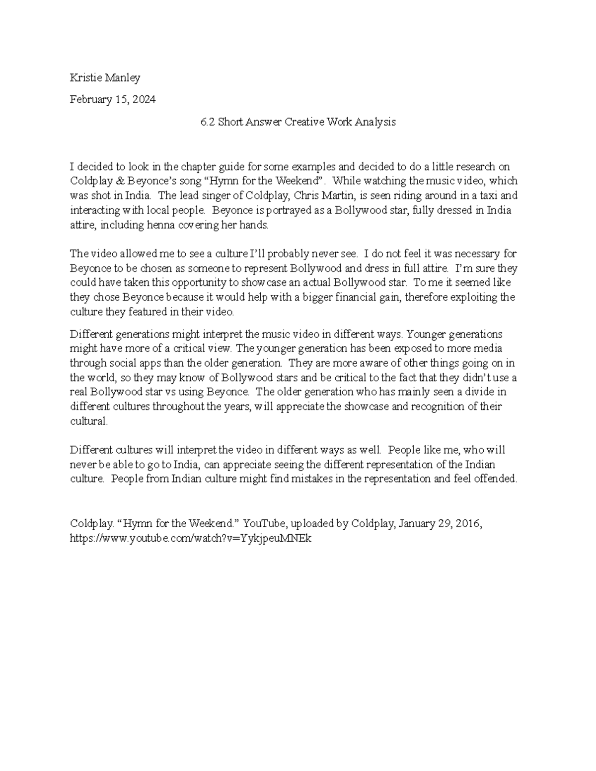 Kristie Manley Hum 102 Module 6 - Kristie Manley February 15, 2024 6 ...