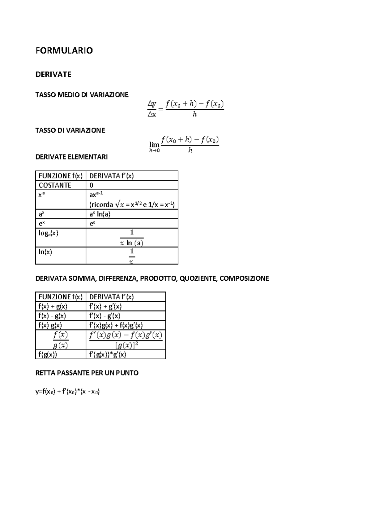 Formulario Matematica 1 - FORMULARIO DERIVATE TASSO MEDIO DI VARIAZIONE y x = 𝑓 ( 𝑥 0 + ℎ ) − 𝑓 ...