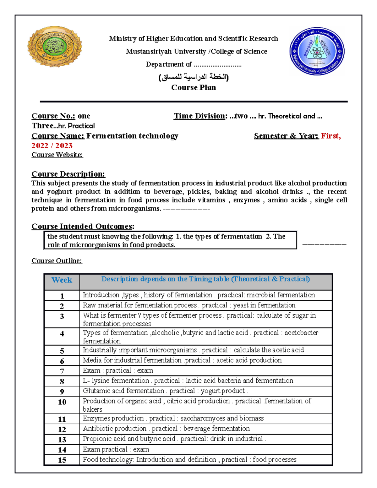 Fermentation technology course plan - Ministry of Higher Education and ...