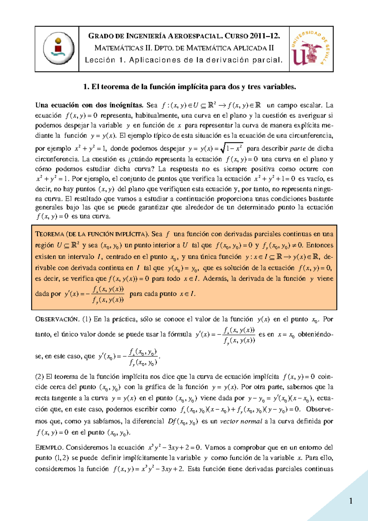 Teorema de la función implicita - MATEMÁTICAS II. DPTO. DE MATEMÁTICA ...