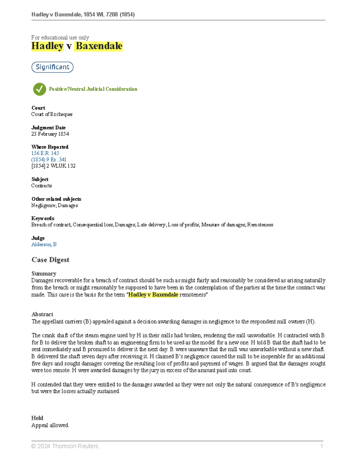 Hadley v Baxendale - lkjjj - Hadley v Baxendale, 1854 WL 7208 (1854 ...