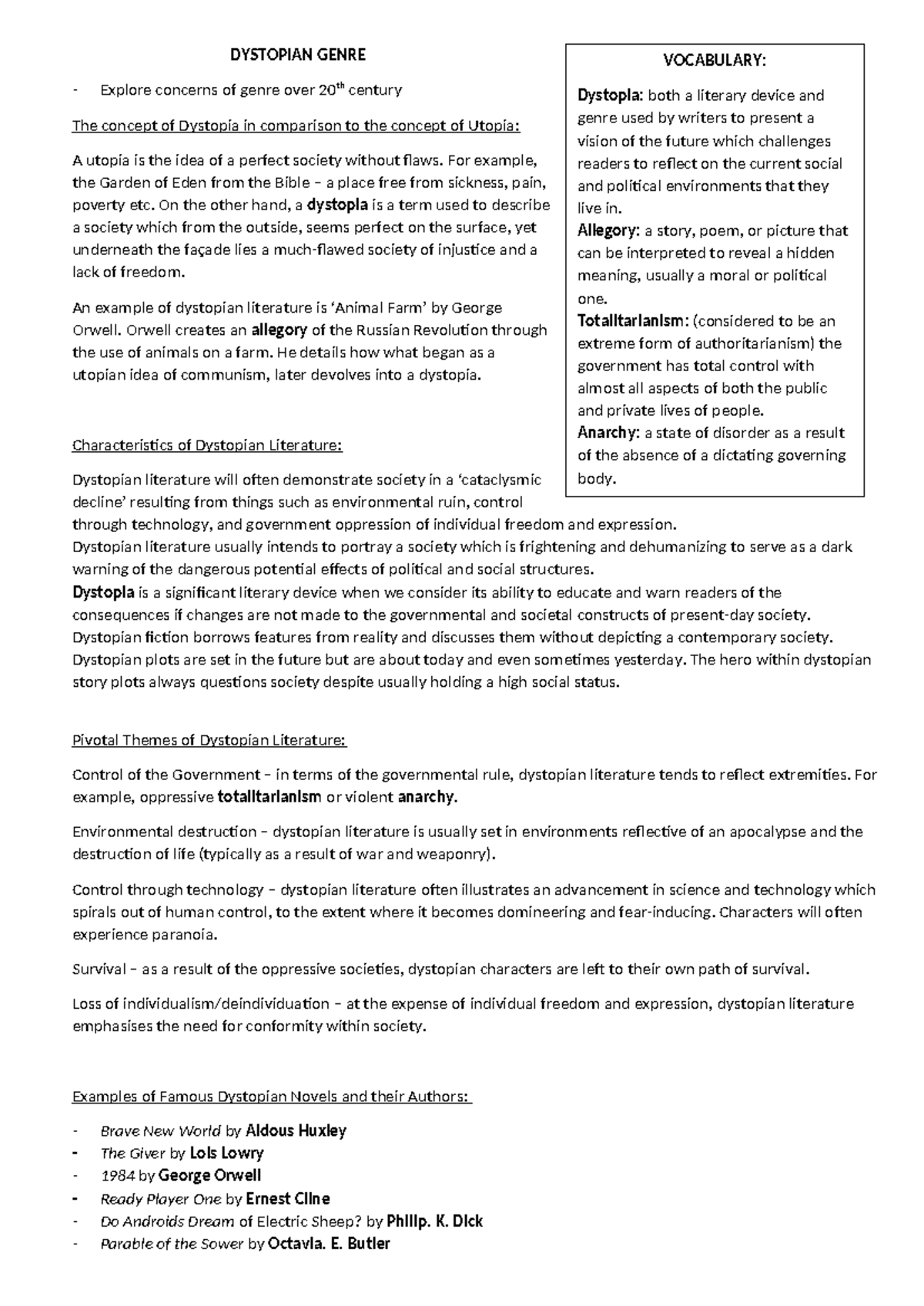 The Dystopian Genre - DYSTOPIAN GENRE Explore concerns of genre over ...