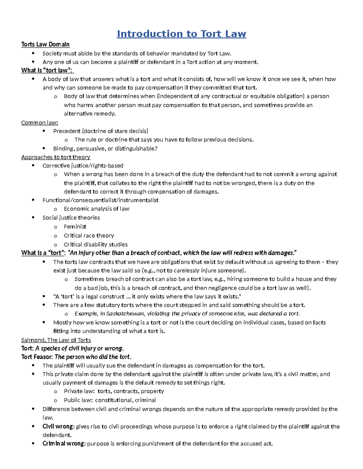 Torts CANS - Summary Tort Law - Introduction to Tort Law Torts Law ...
