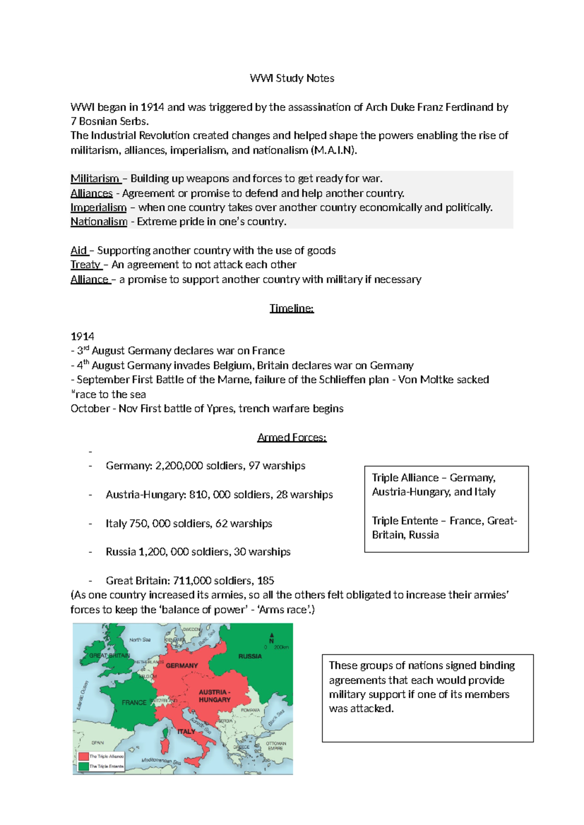 WWI Study Notes - WWI Study Notes WWI began in 1914 and was triggered ...