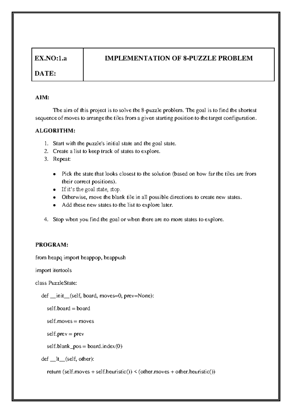 AI record Final - AIM: The aim of this project is to solve the 8-puzzle ...