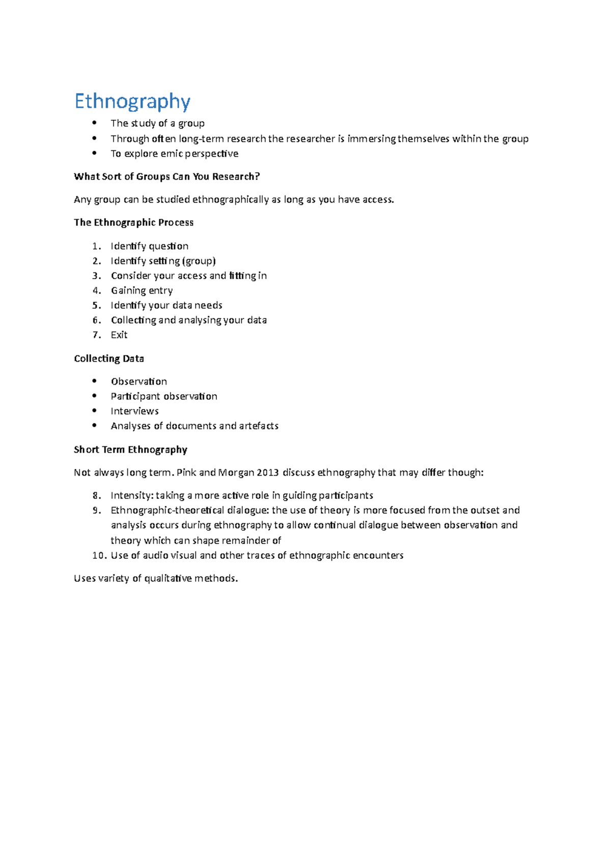 Lecture 13- ethnography - Ethnography The study of a group Through ...