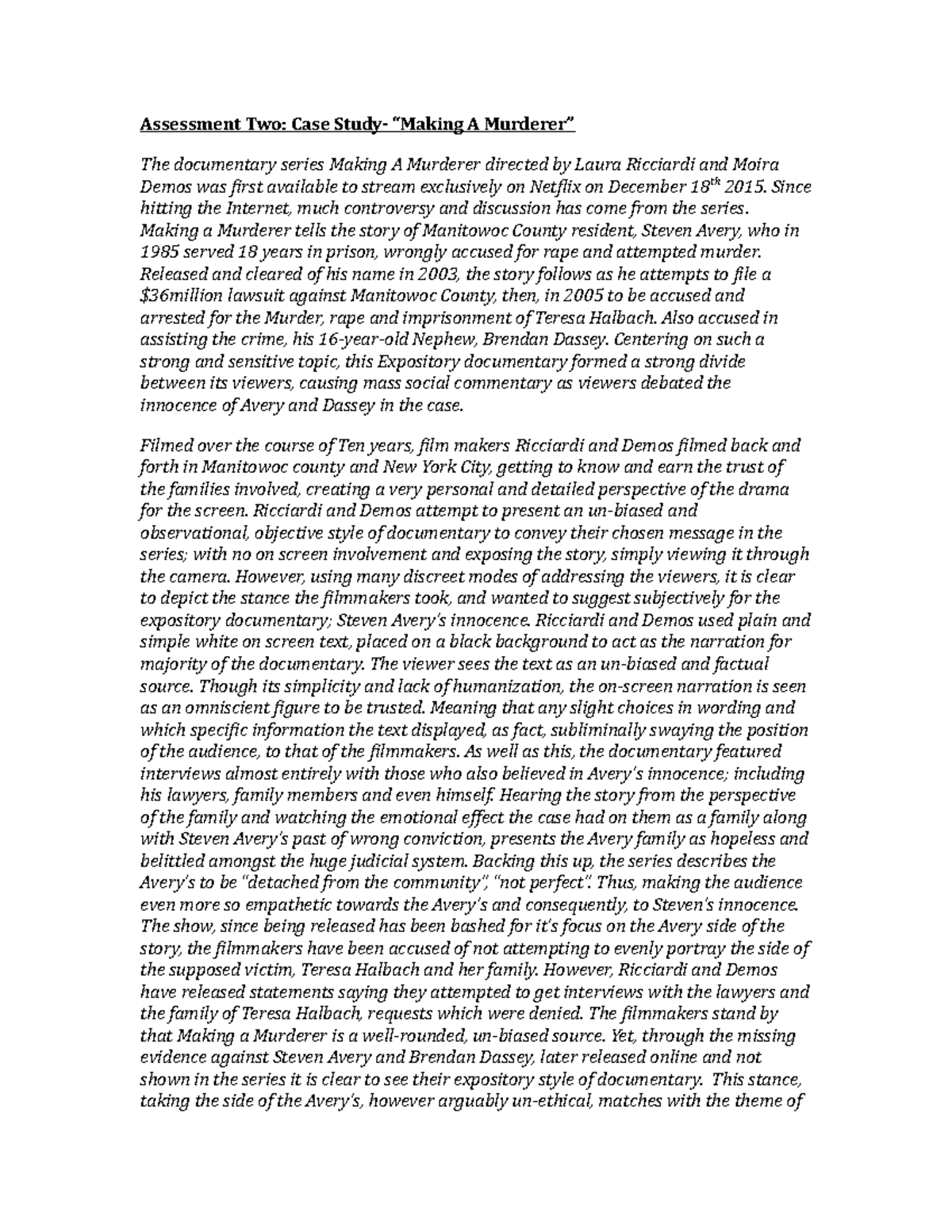 Essay "Case Study If Netflix Series Making a Murderer" - Grade 69 ...