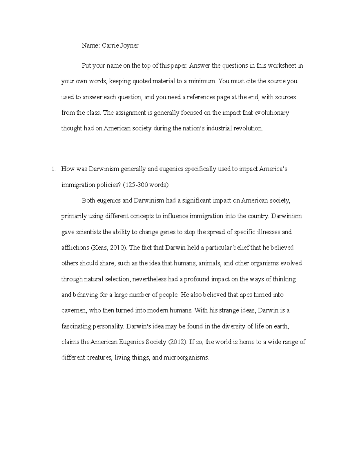 HISS 144 Darwinism AND American Society Worksheet BY Carrie Joyner ...