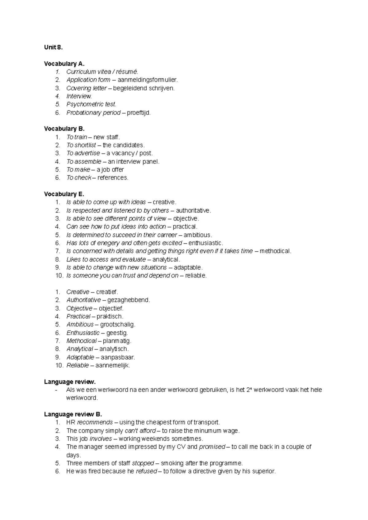 Unit 8 - Summary Market Leader - Unit 8. Vocabulary A. 1. Curriculum ...