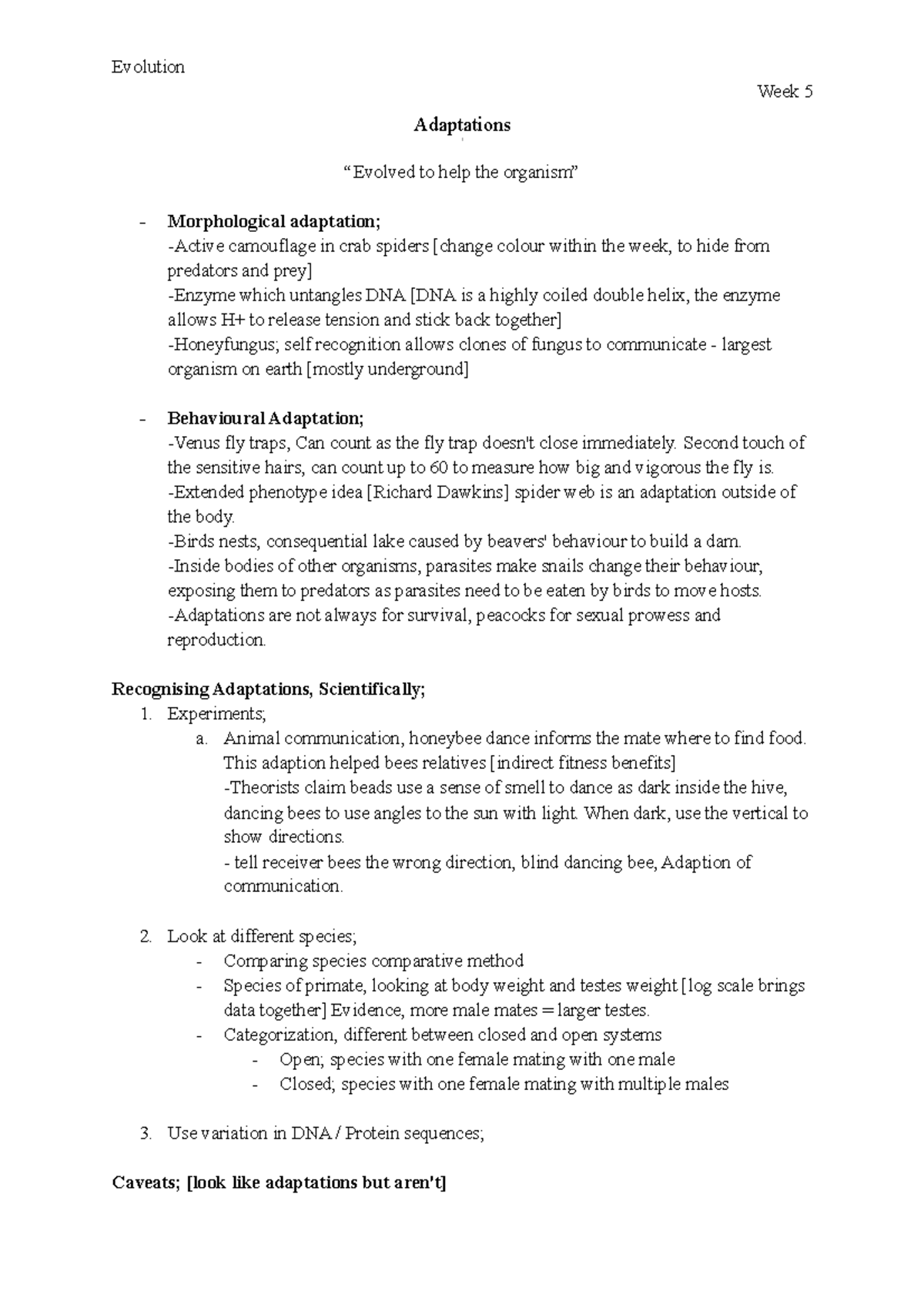 Adaptations week 5 - Lecture notes 5 - Evolution Week 5 Adaptations ...