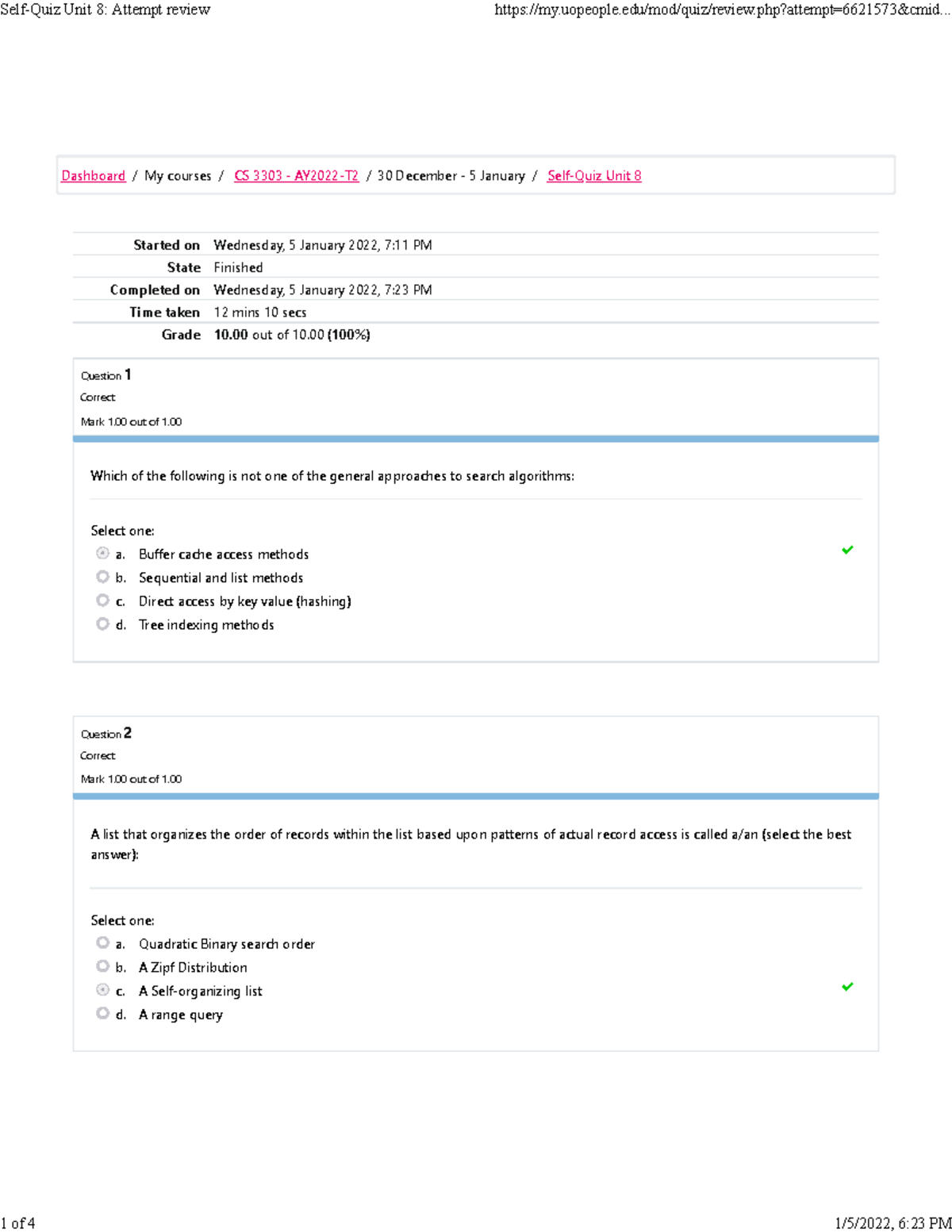 CS 3303 - Quiz8 - Started on Wednesday, 5 January 2022, 7:11 PM State ...