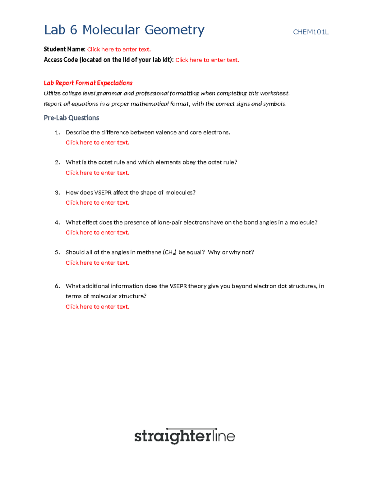CHEM101L Lab 6 - Chemistry labs with answers - Student Name: Click here ...