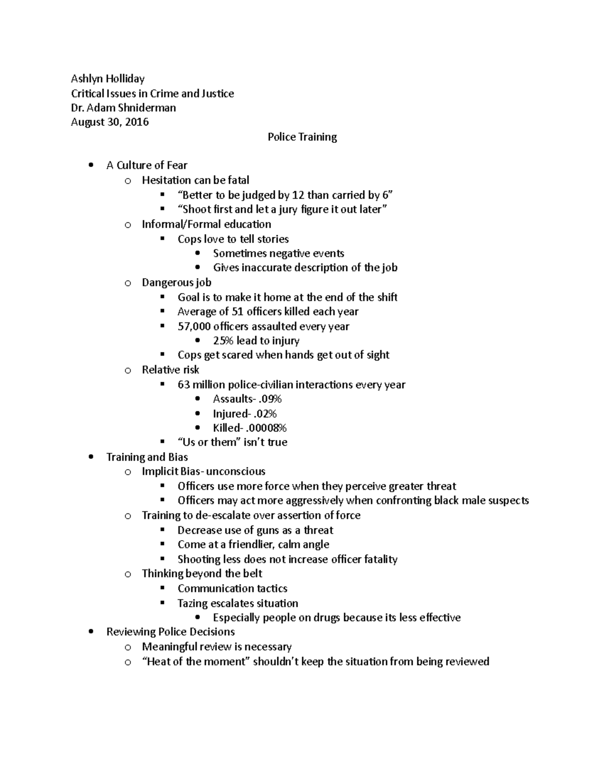 Police Training Notes - Dr. Adam Shniderman - Ashlyn Holliday Critical ...