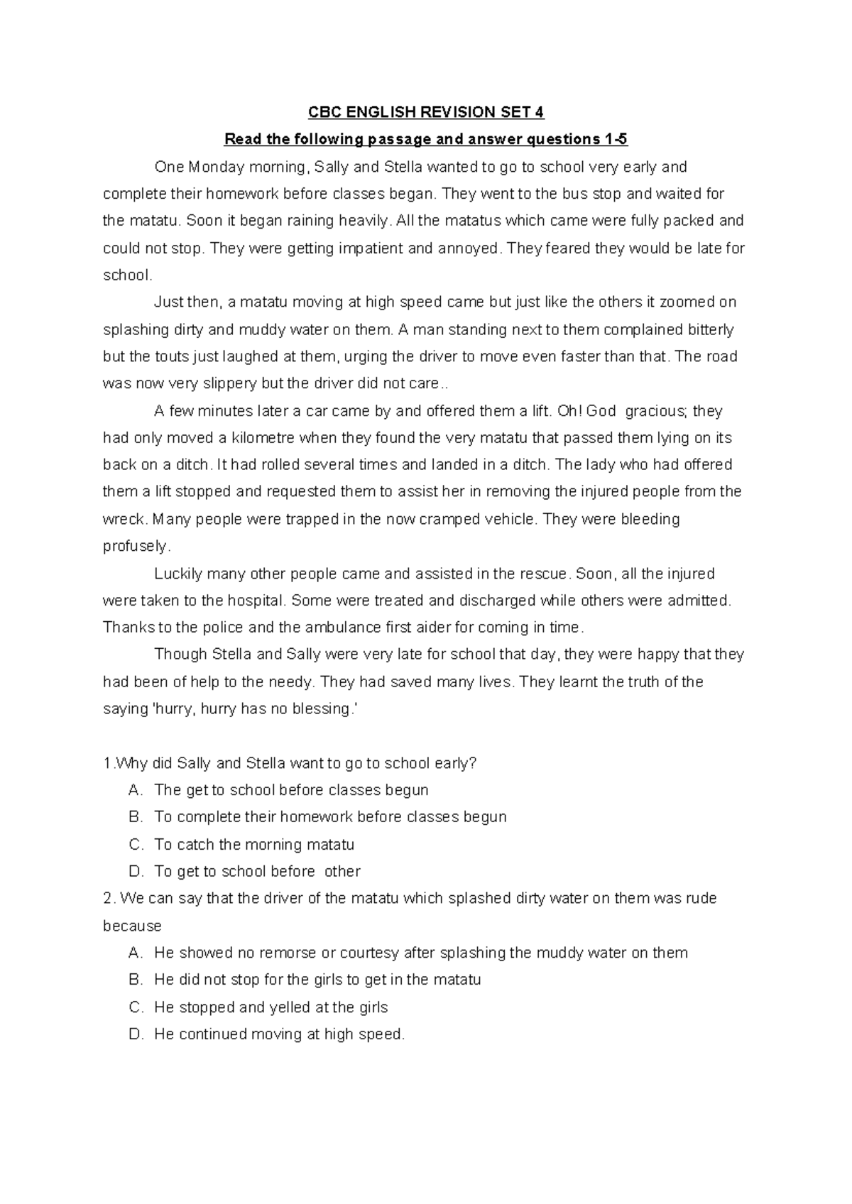 CBC English Revision SET 4 - CBC ENGLISH REVISION SET 4 Read the ...