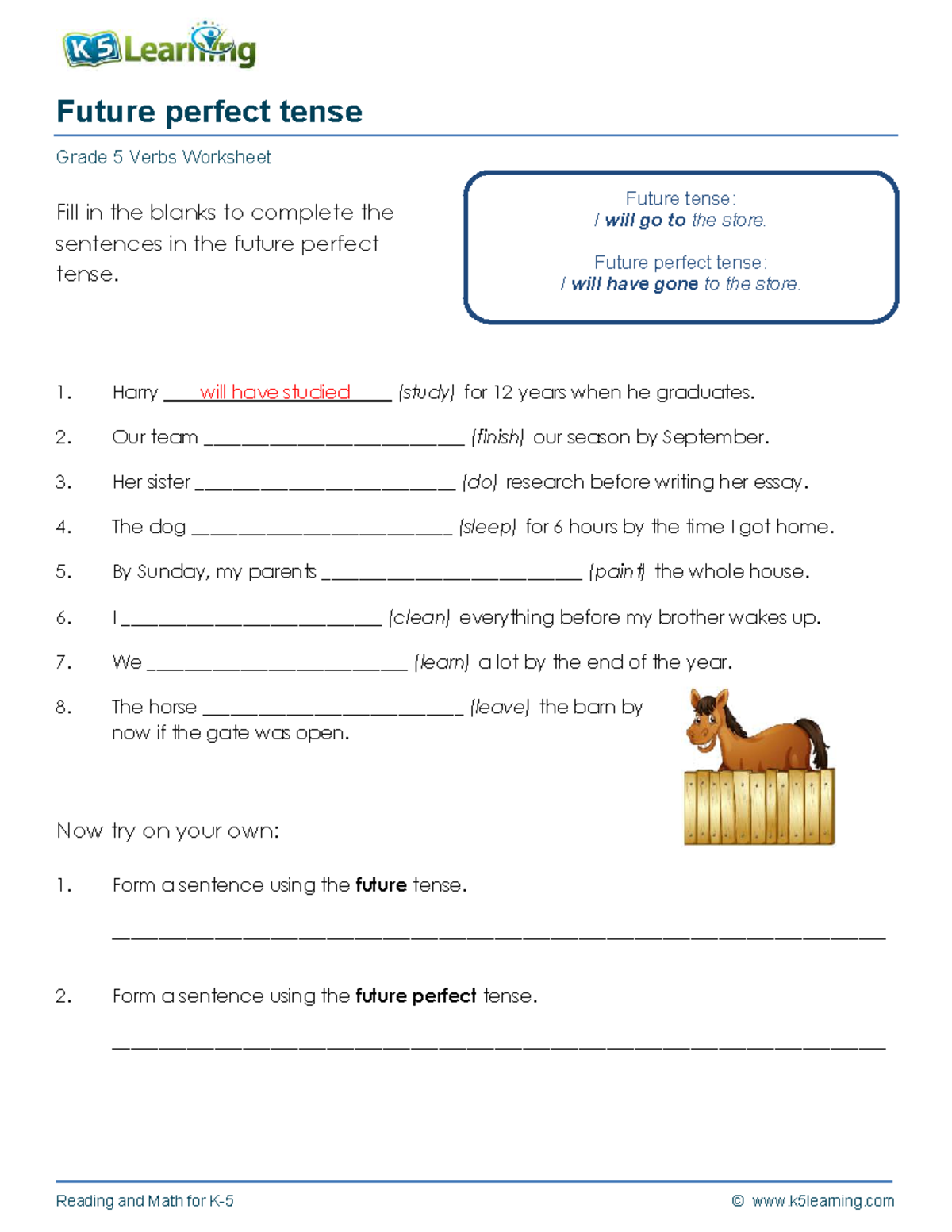 Progressive Tenses Worksheet - 5&6 - Reading and Math for K-5 ...