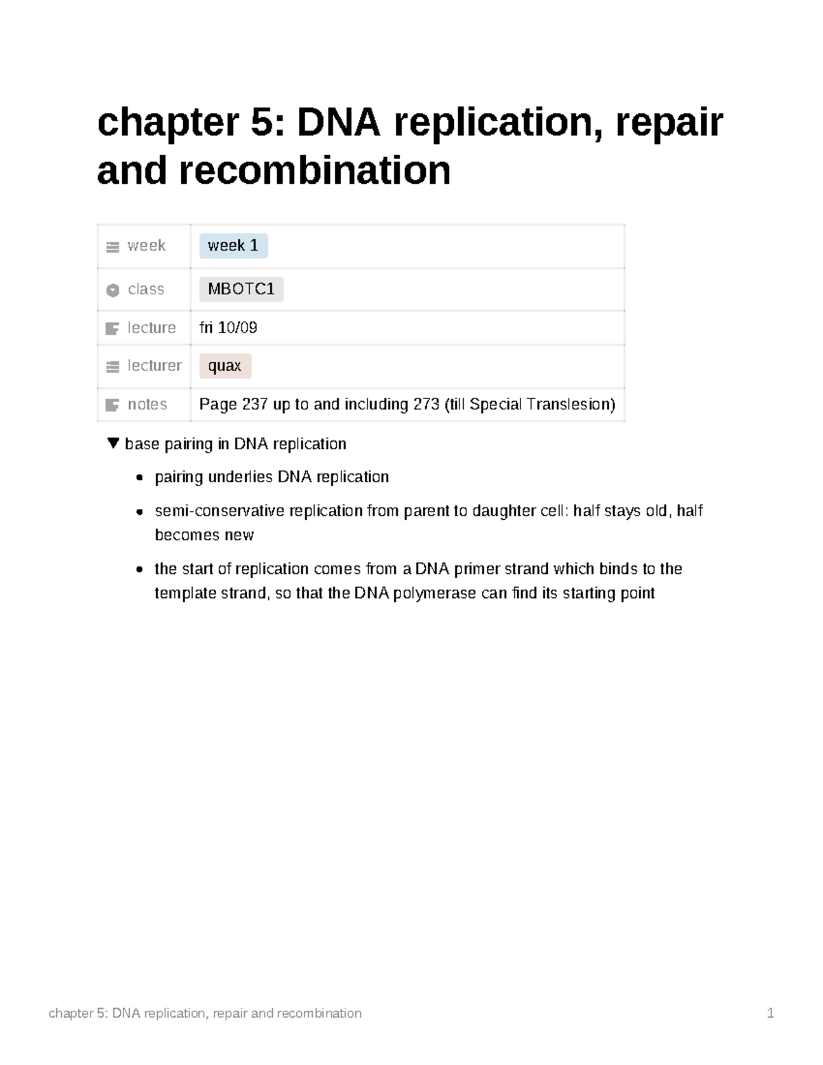 Chapter 5 DNA replication repair and recombination - chapter 5: DNA ...
