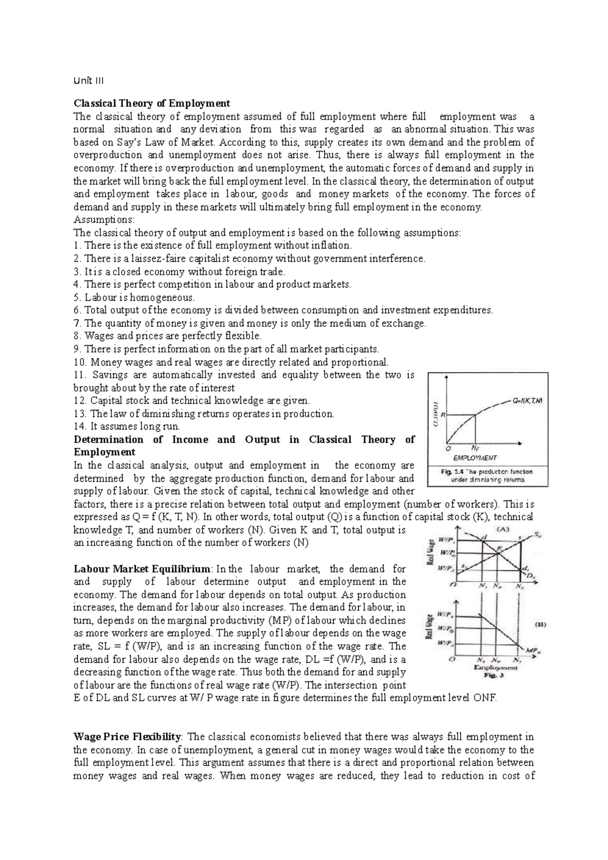 Unit 3 macro - Summary Business Economics - Unit III Classical Theory of Employment The ...