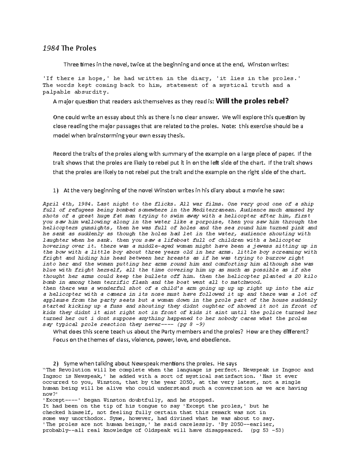 1984 Lesson 4 The Proles - 1984 The Proles Three times in the novel ...
