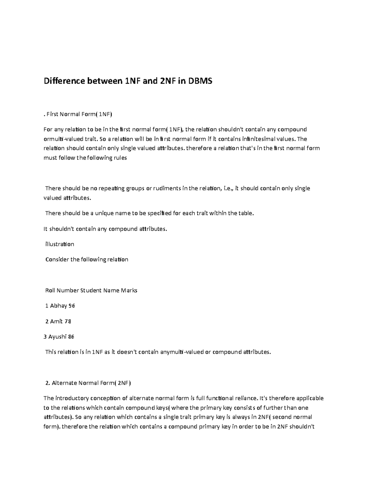 Difference between 1NF and 2NF in DBMS - First Normal Form( 1NF) For ...