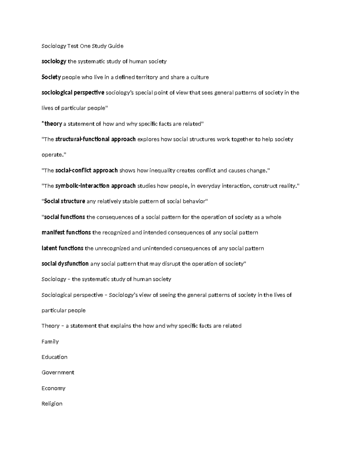 Sociology Test One Study Guide - Sociology Test One Study Guide ...