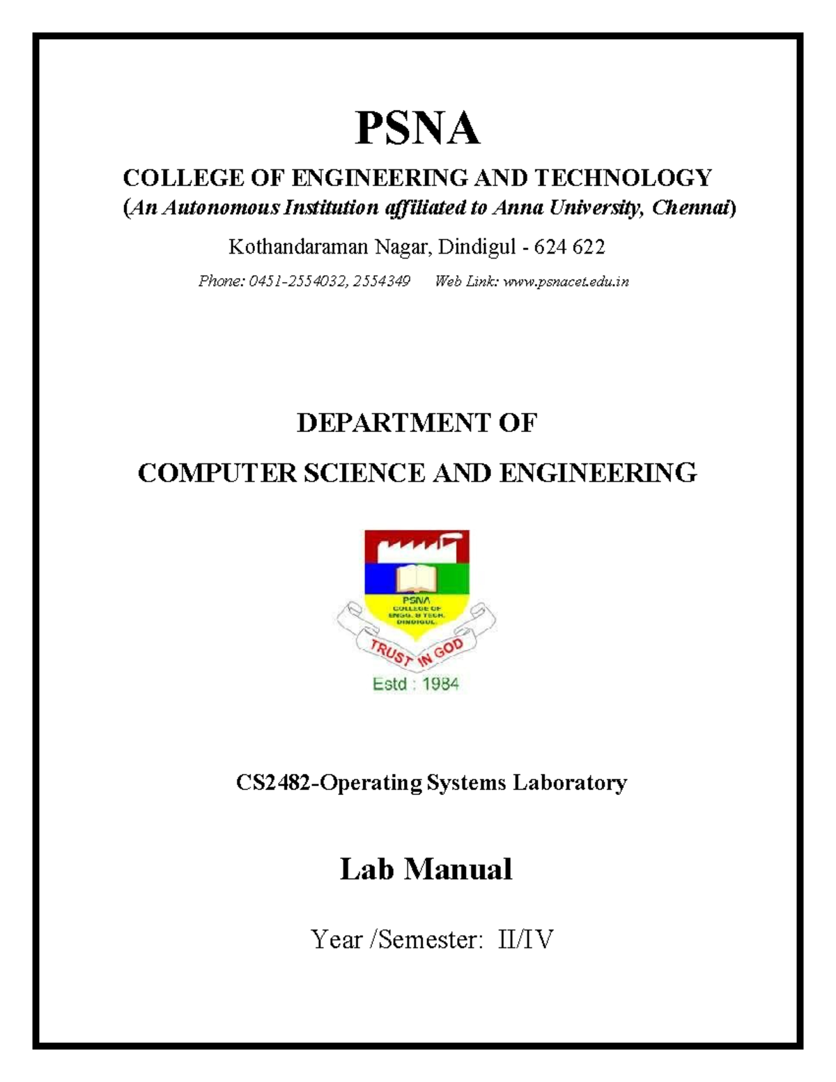 OS LAB Manual 2023-2024 - PSNA COLLEGE OF ENGINEERING AND TECHNOLOGY ...