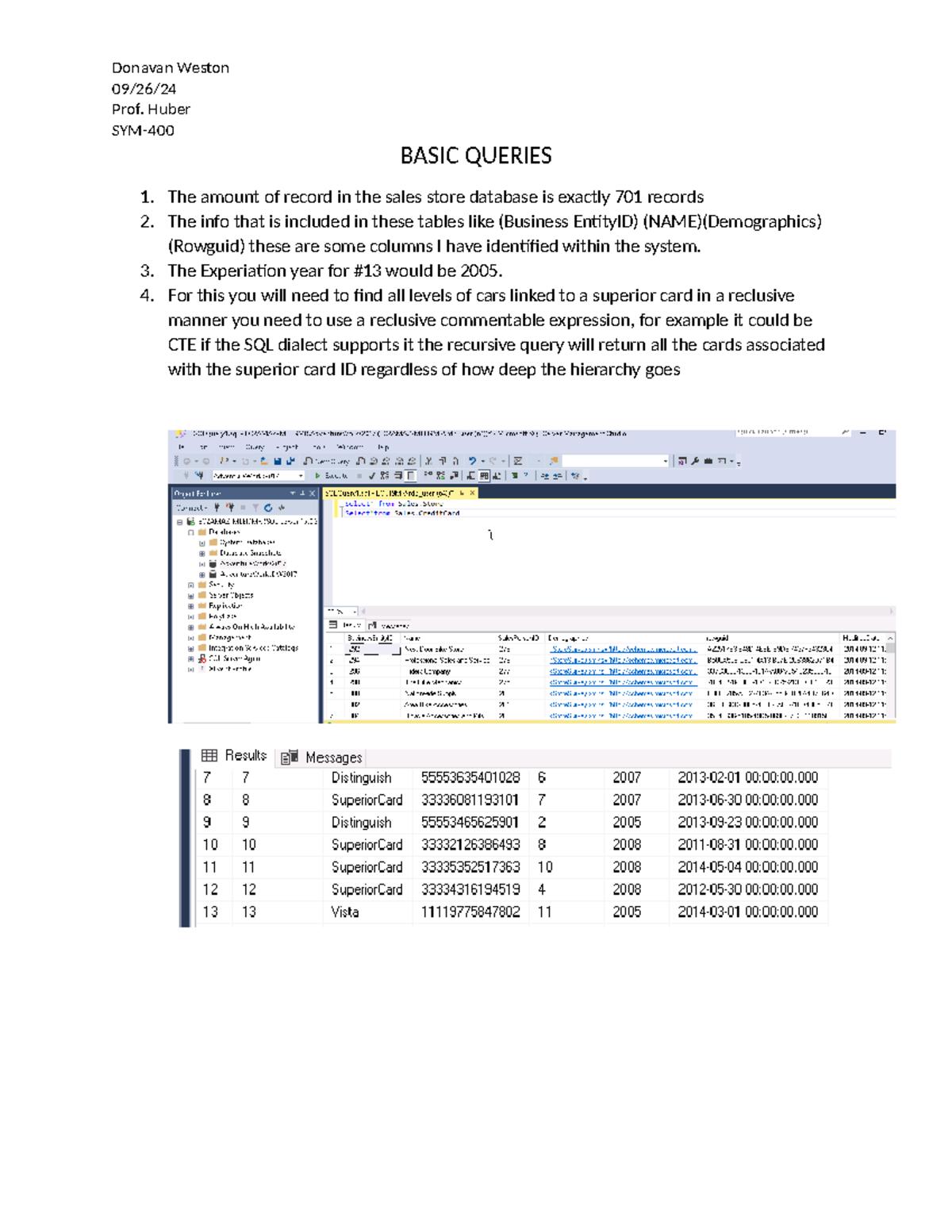 Basic Queries - Donavan Weston 09/26/ Prof. Huber SYM- BASIC QUERIES 1 ...