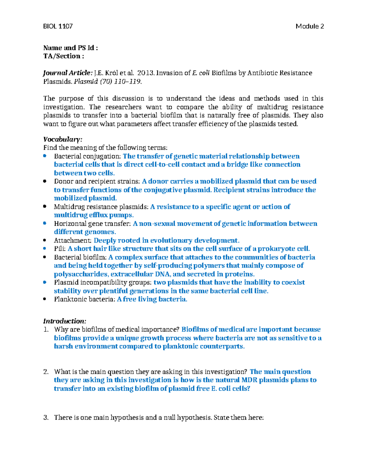 Biology 1107 Mod 2 Article Reflection Questions s - Name and PS Id : TA ...