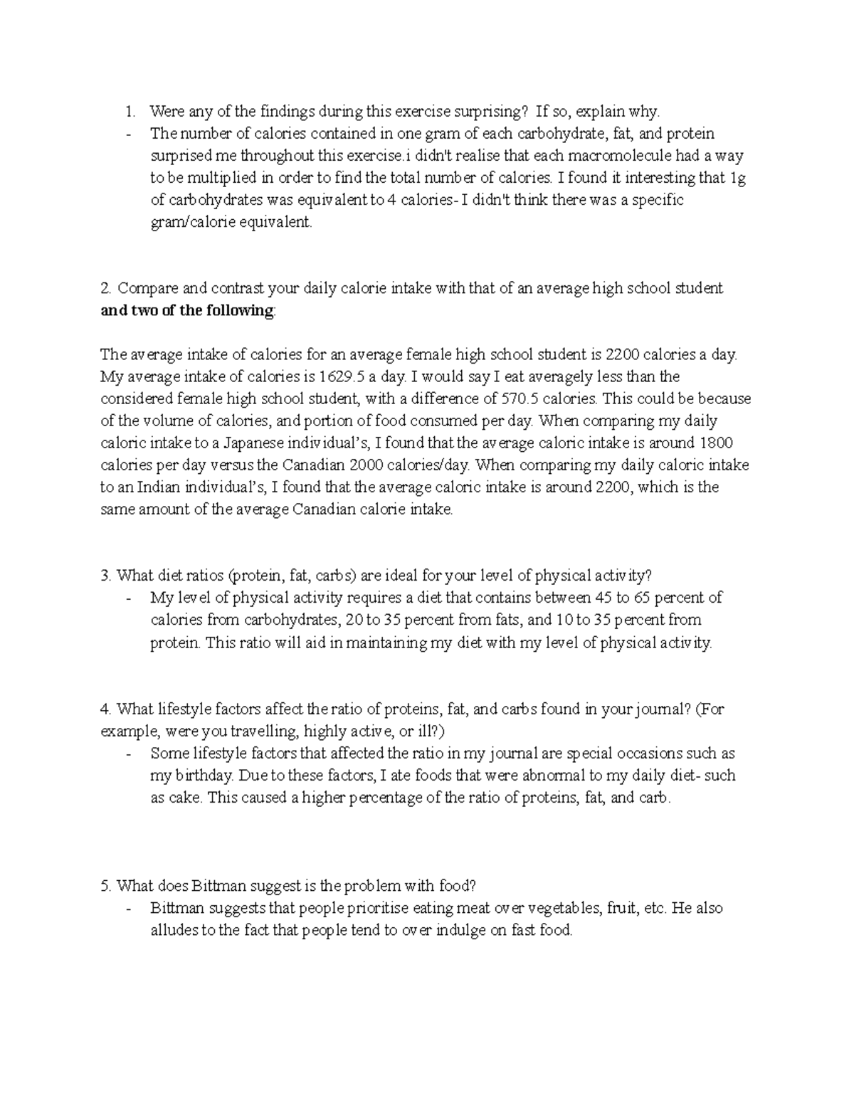 Food Journal Assignment - Were any of the findings during this exercise ...