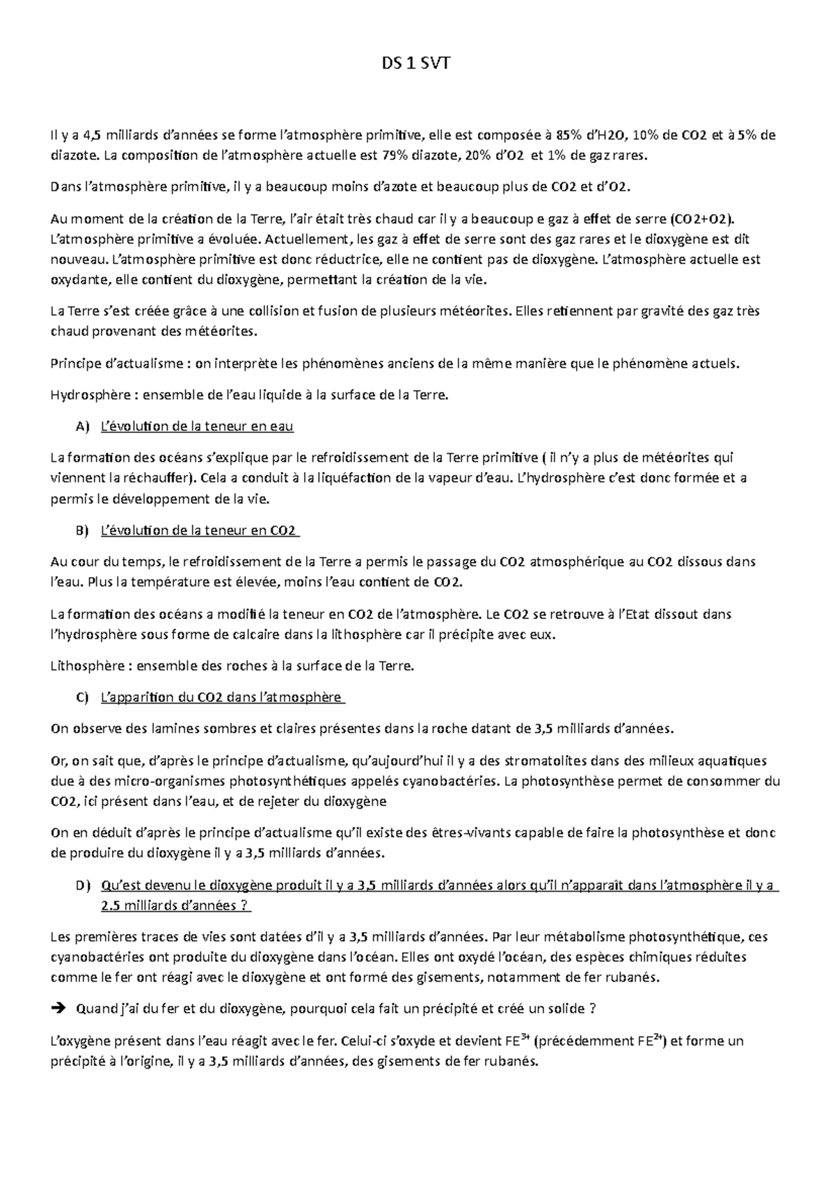 DS 1 SVT fiche - DS 1 SVT Il y a 4,5 milliards d’années se forme l’atmosphère primitive, elle ...