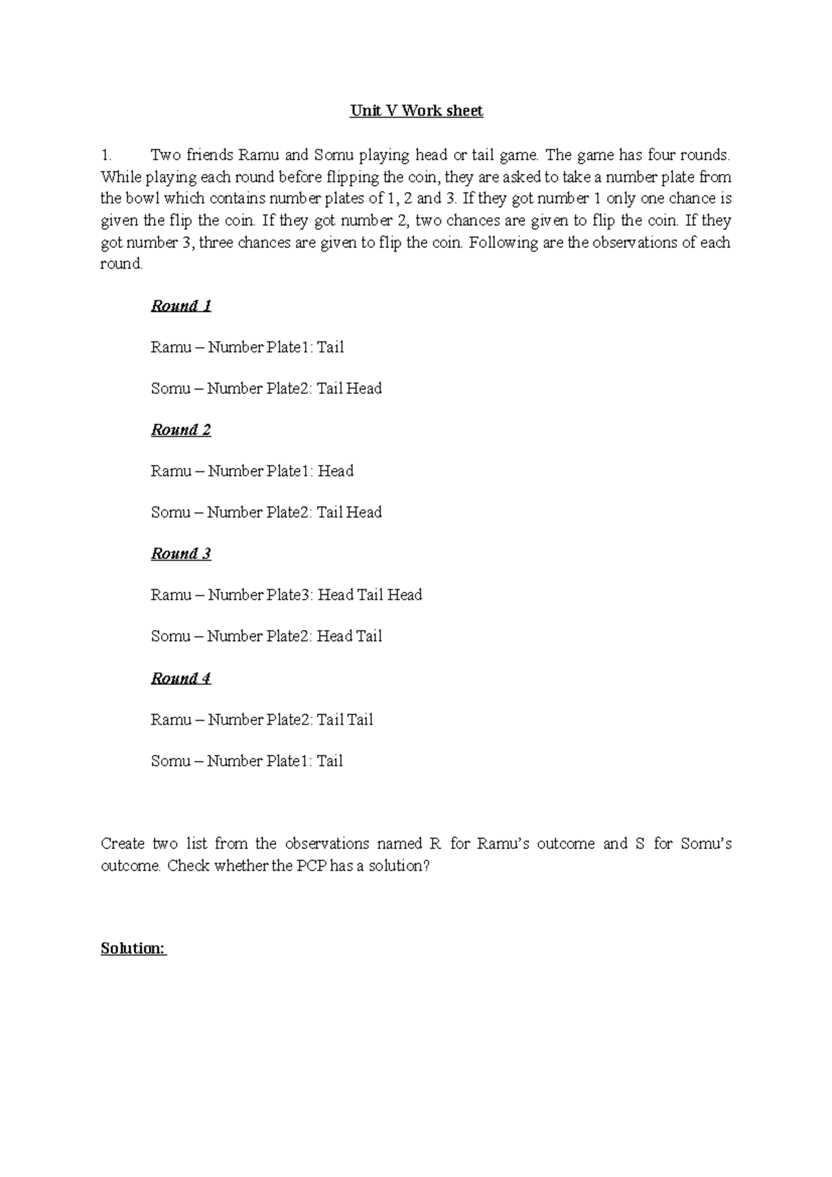 Unit 5 - Worksheet - Unit V Work sheet Two friends Ramu and Somu ...