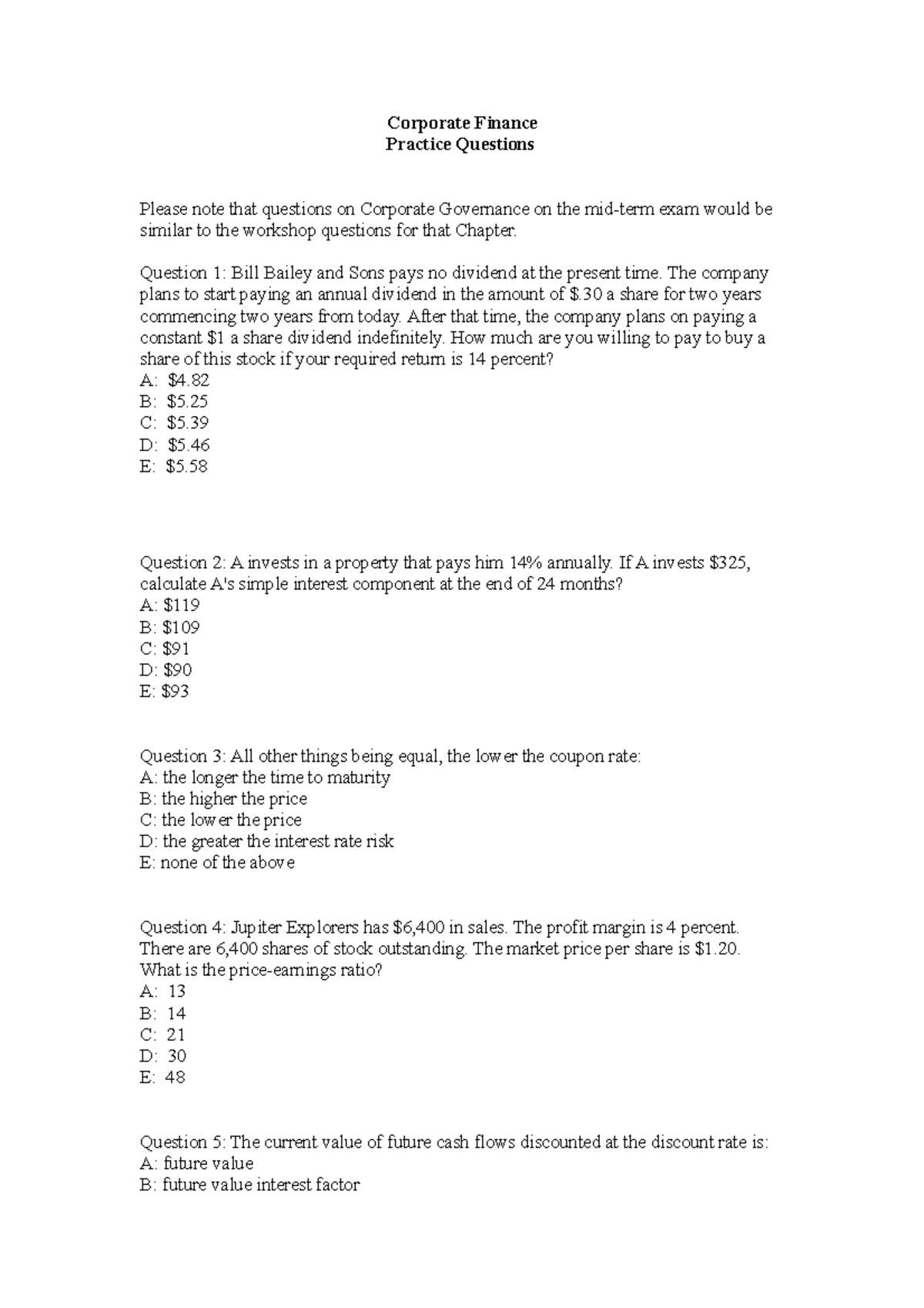 Corporate Finance Practice Questions Mid - Corporate Finance Practice ...