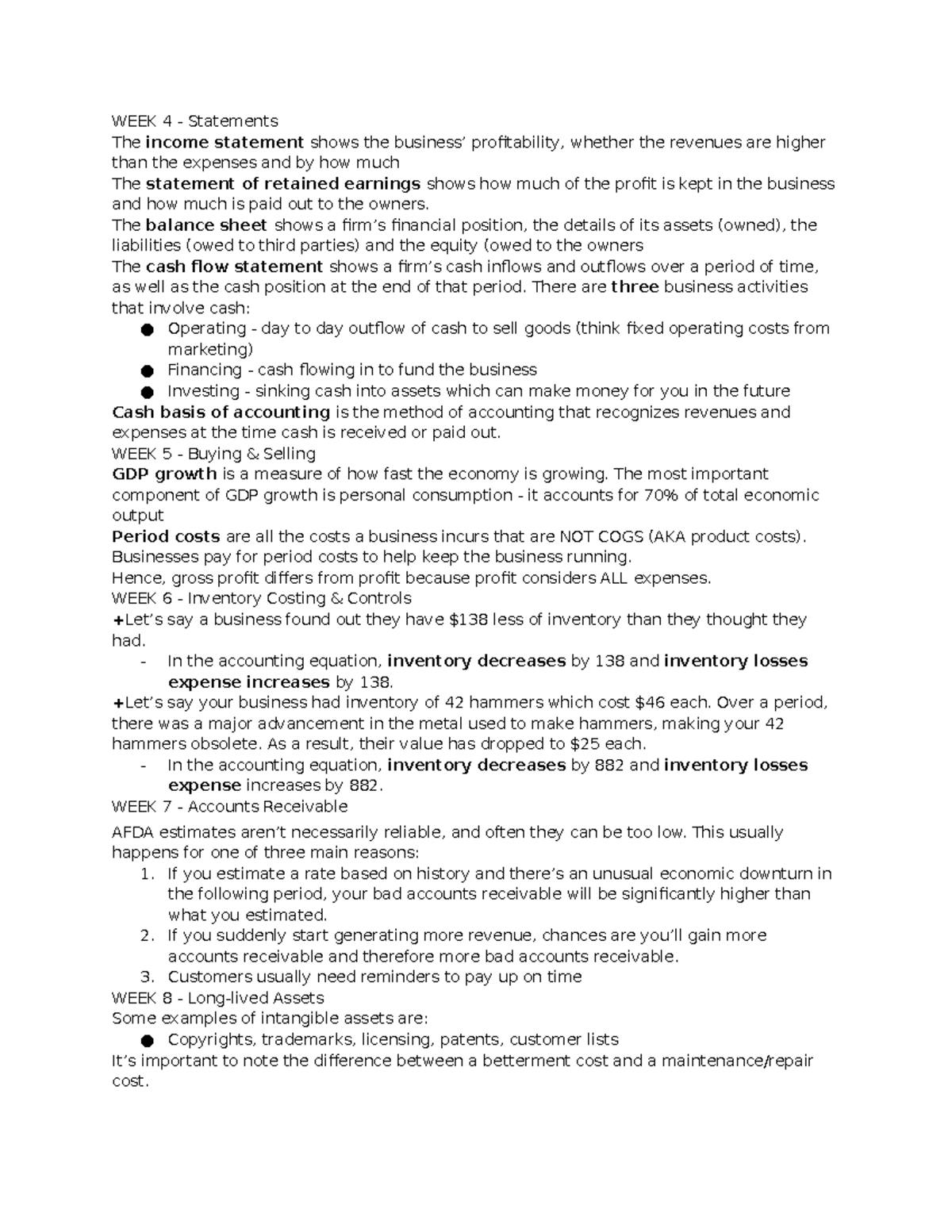 Intro To Financial Accounting Summary Notes Week 4 Statements The
