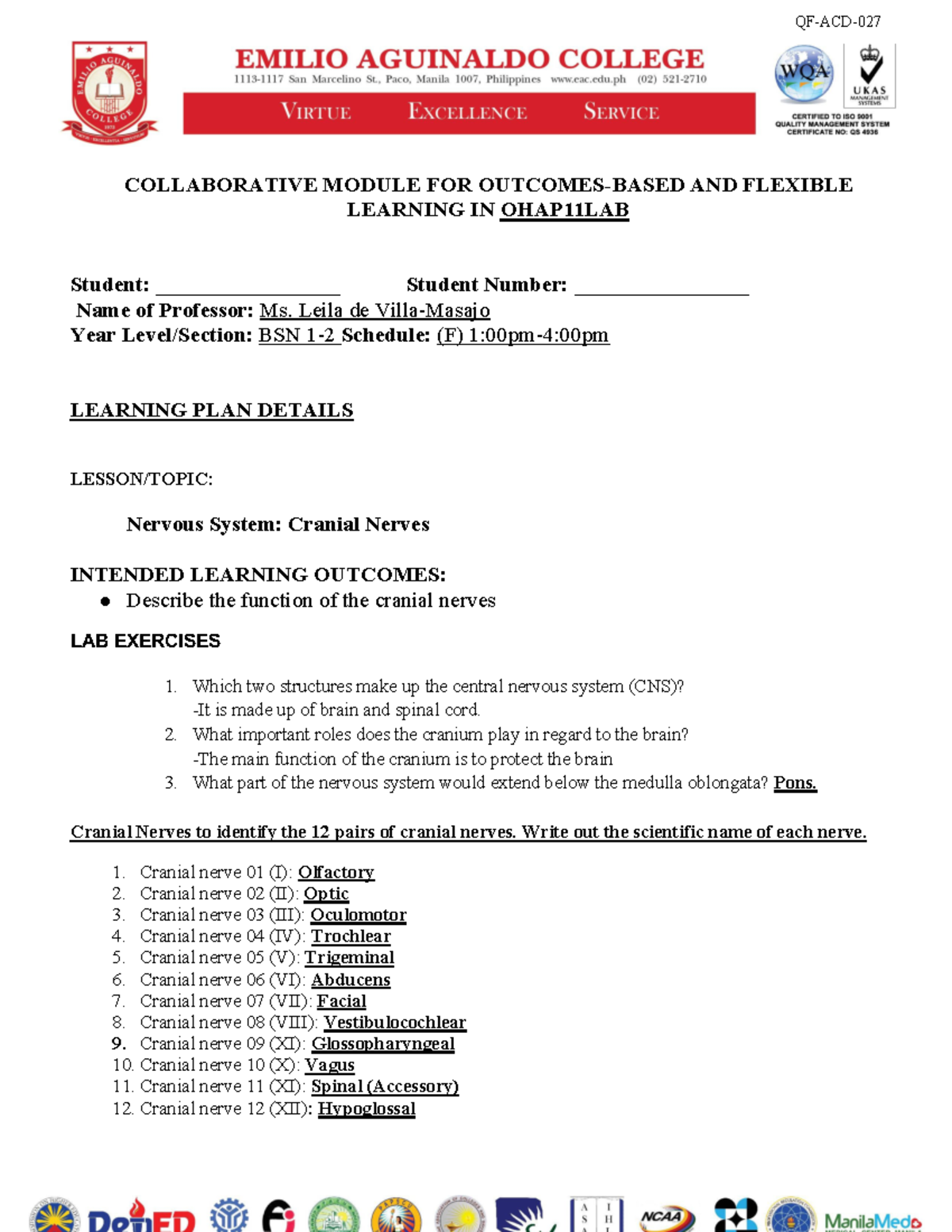 Anatomy Lab Activity for the Cranial Nerve - COLLABORATIVE MODULE FOR ...