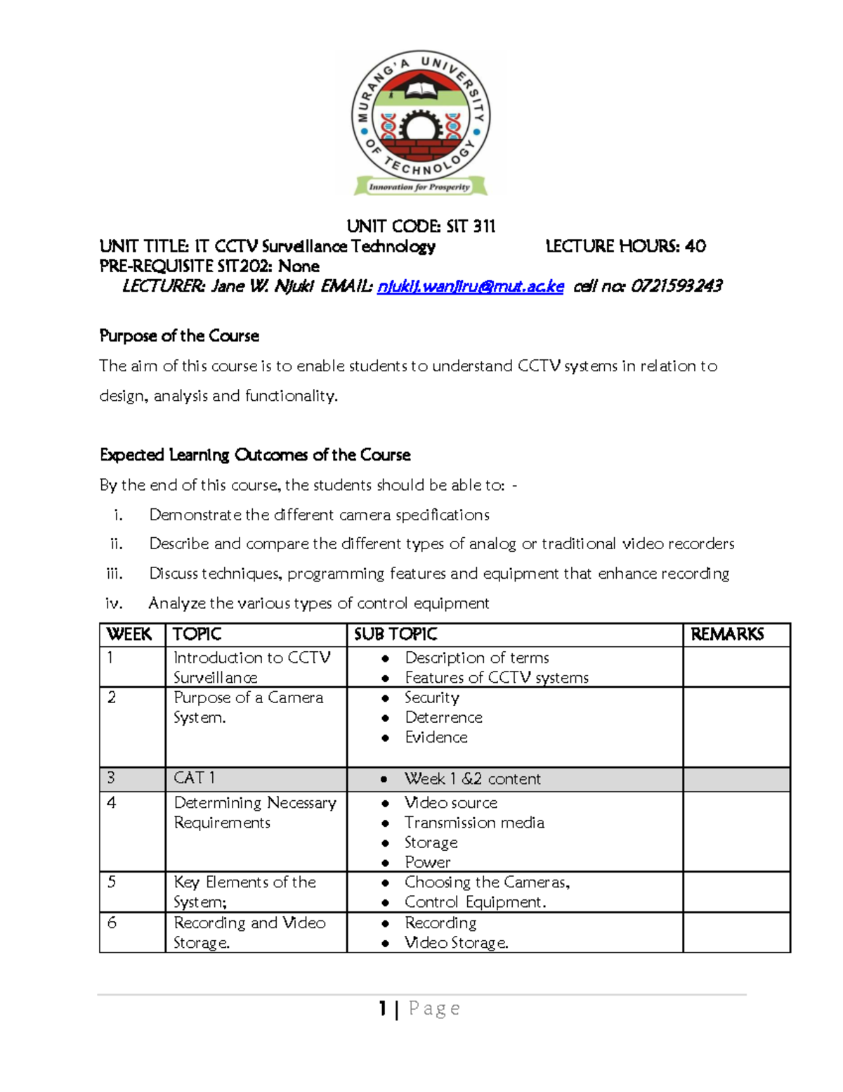 SIT311 CCTV Systems Course Outline - 1 | P a g e UNIT CODE: SIT 311 ...