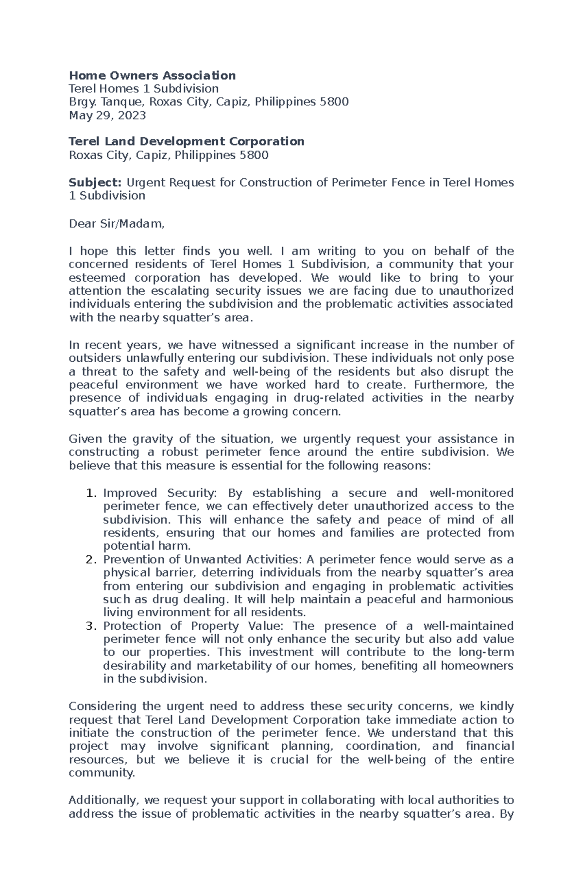 Terel Homes 1 SUB HOA - Perimeter Fence Request Letter - Home Owners ...