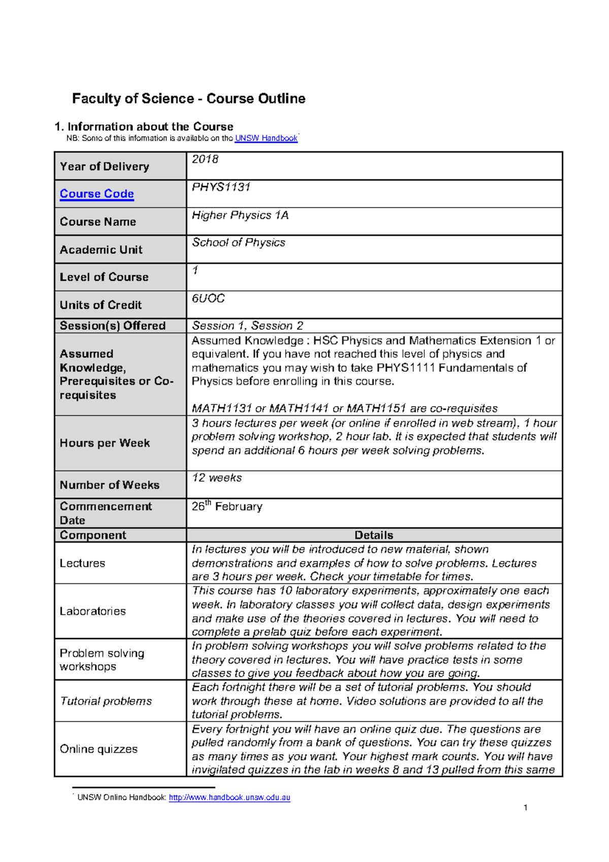 002 PHYS1131 course ouline 2018 - Faculty of Science - Course Outline ...