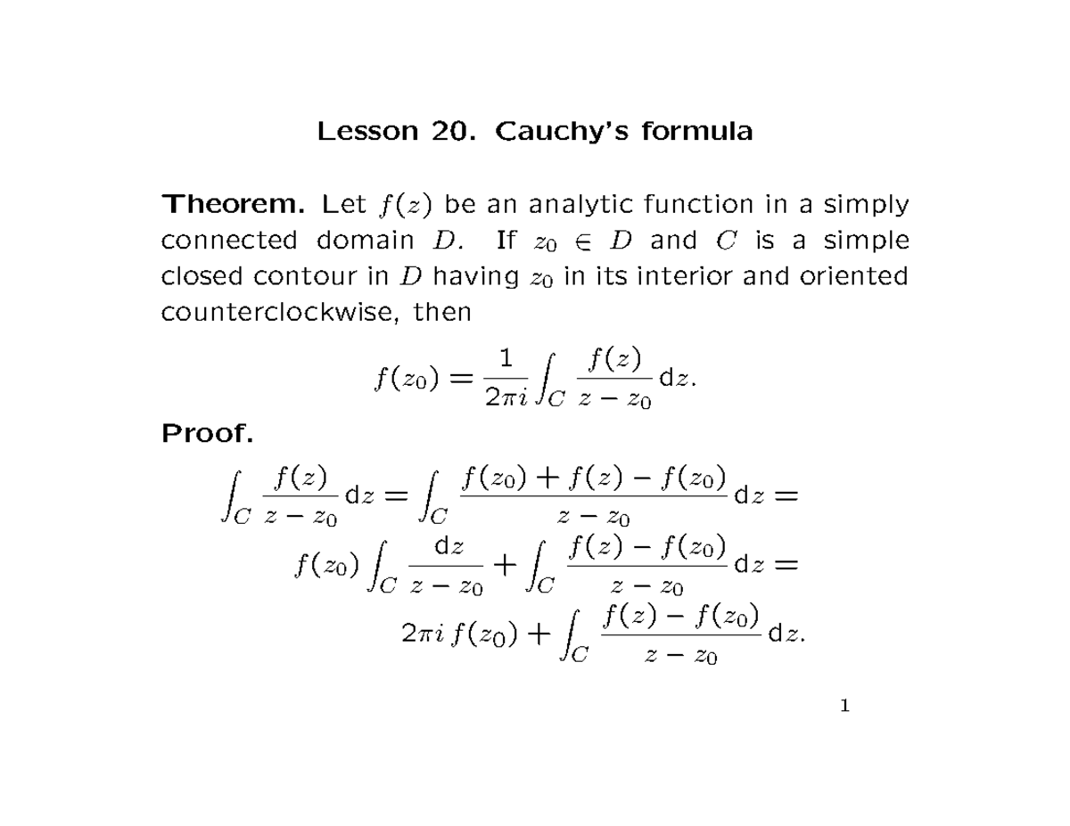 Lecture 20 Lesson 20 Cauchy S Formula Theorem Let F Z Be An Analytic Function In A Simply