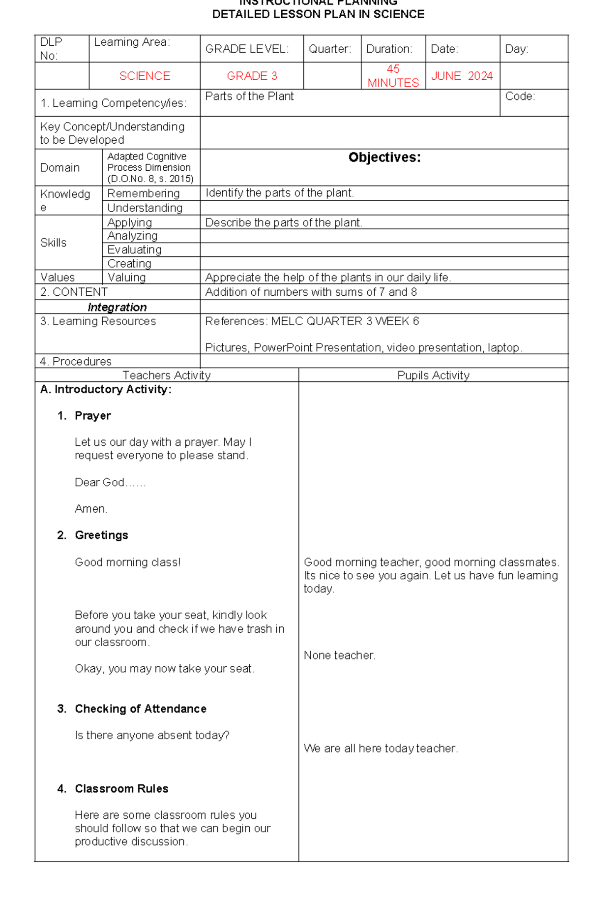 Detailed lesson plan in Numeracy - DLP No: Learning Area: GRADE LEVEL ...