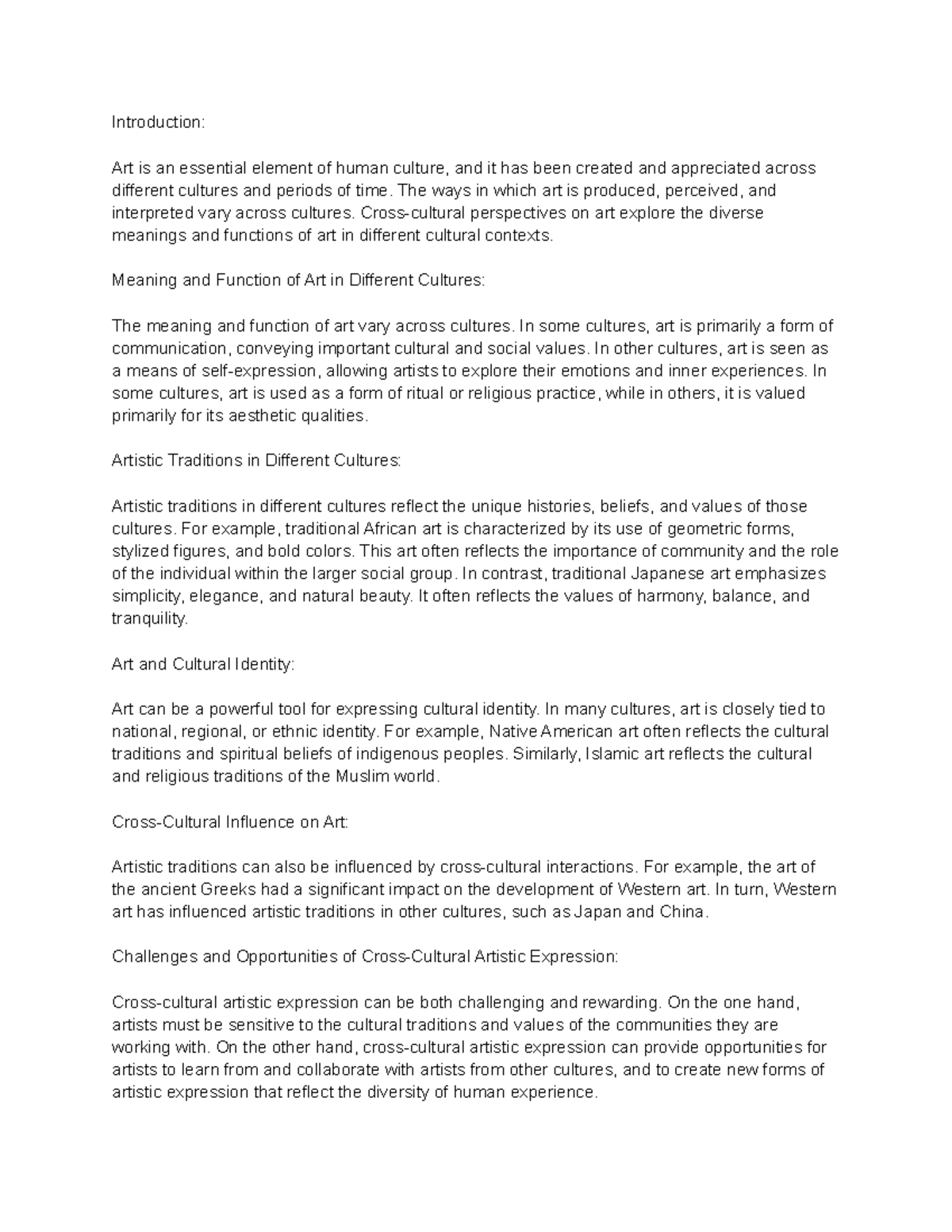 Cross-cultural perspectives on art - Introduction: Art is an essential ...