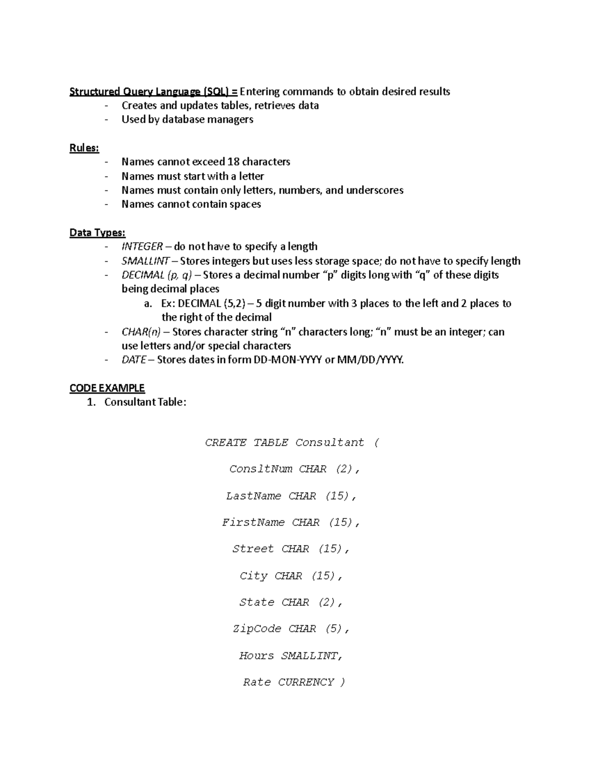 CIS 3400 Final Review Sheet - Structured Query Language (SQL ...