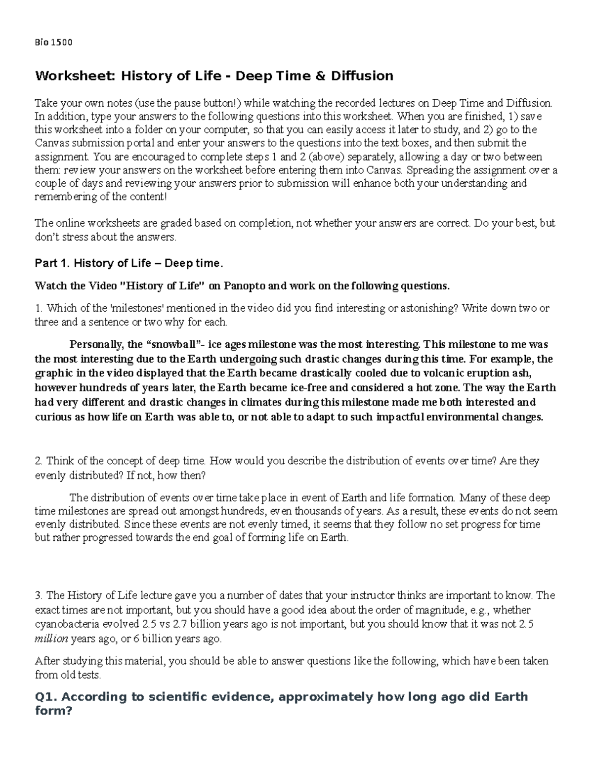 #01 History of Life Diffusion-1 - Worksheet: History of Life - Deep ...