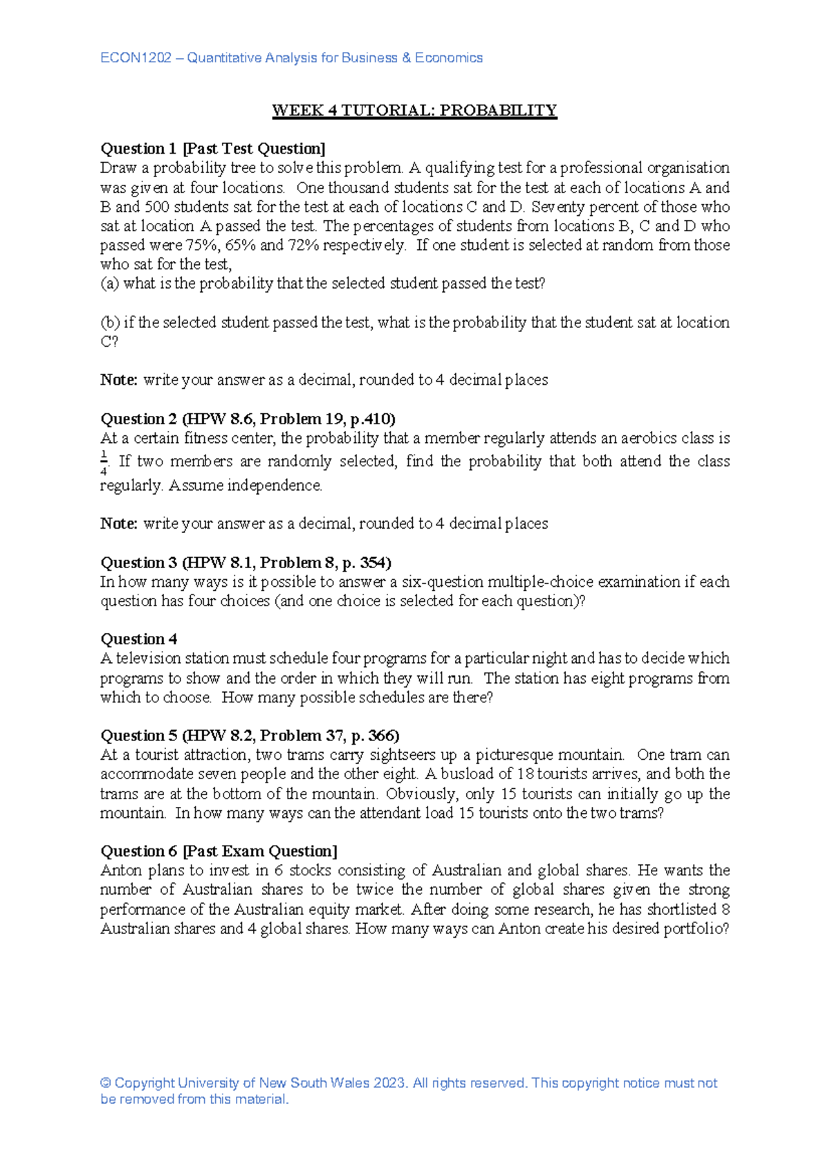 Week 4 Tutorial Questions Econ1202 Quantitative Analysis For