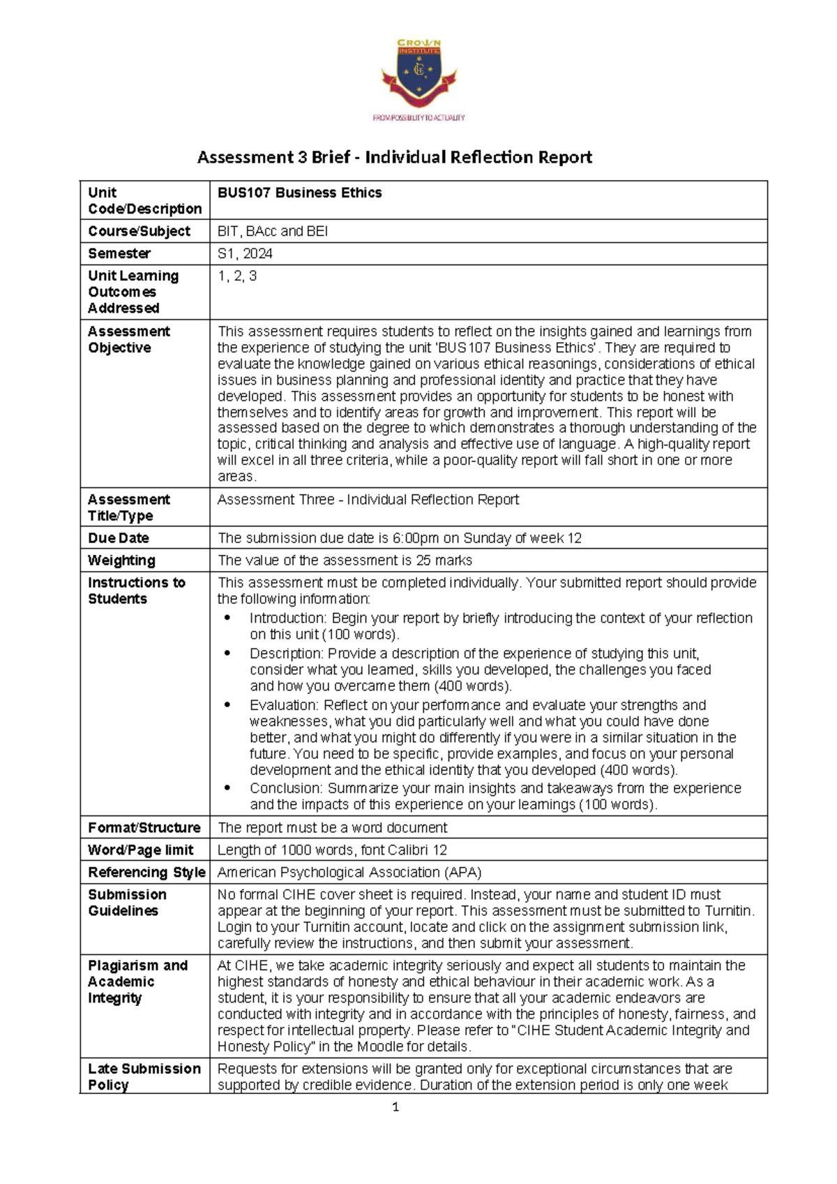 BUS107 Business Ethics Assessment 3 Brief - Assessment 3 Brief ...