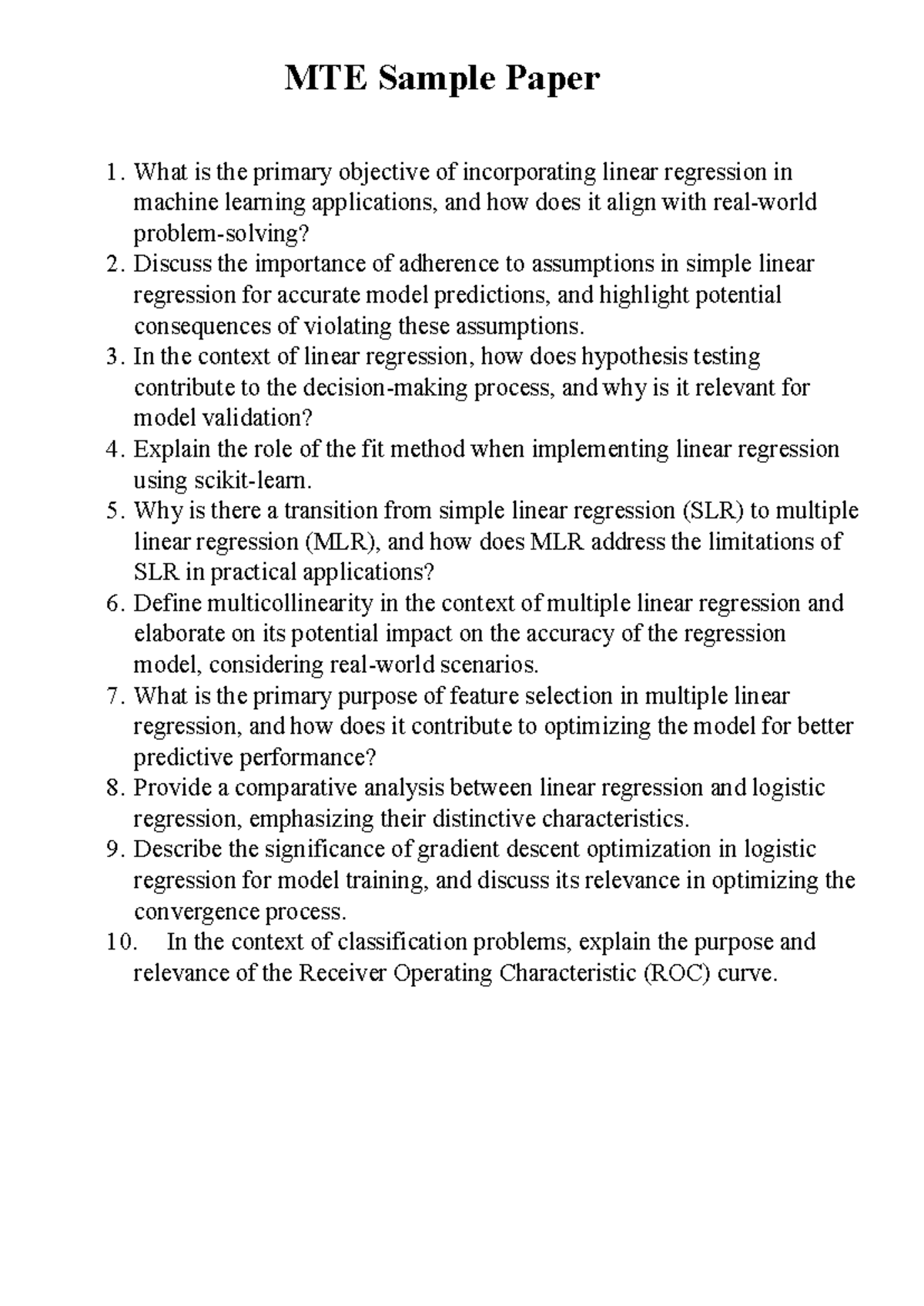 MTE Sample Paper - MTE Sample Paper What is the primary objective of incorporating linear ...